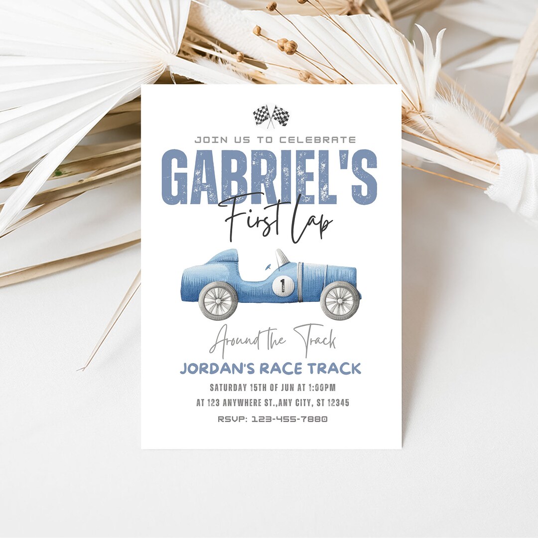 Editable Blue First Lap Birthday Invitations Race Car 1st Birthday ...