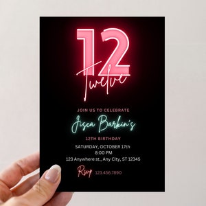 12th Birthday Neon Invitation, 12 Year Old Girl Birthday Invitation ...