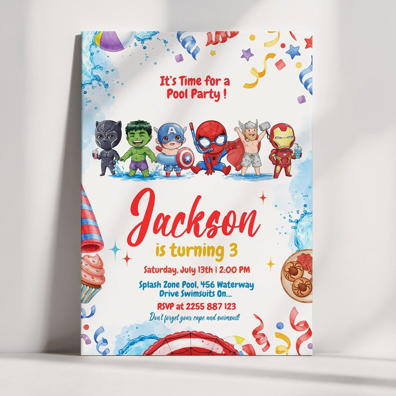 Chibi Avengers Pool Party Invitation: Superhero Birthday (editable ...