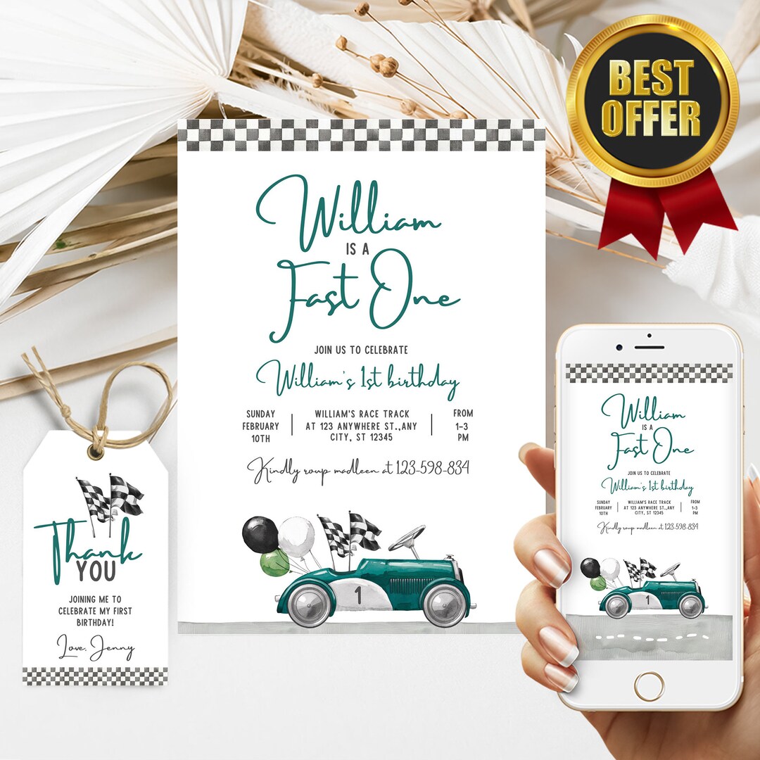 Editable Fast One First Birthday Invitation With FREE Thank You Tag ...