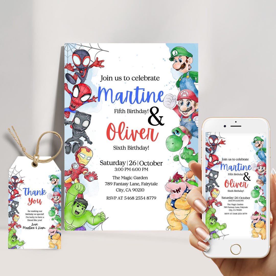 Spidey and Mario Birthday Invitation: Joint Kids Party, Thank You Tag ...