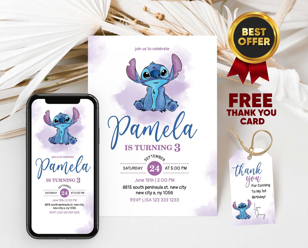 Invitación de cumpleaños de Stitch editable y conjunto de - Etsy España