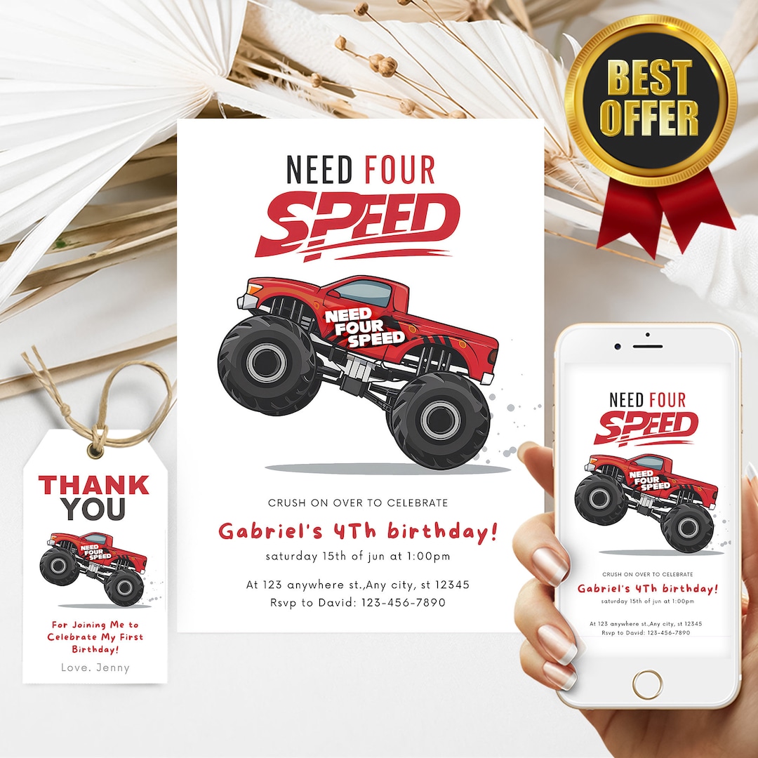 Need 4 Speed Birthday Invitation, Editable Monster Truck 4th Birthday ...