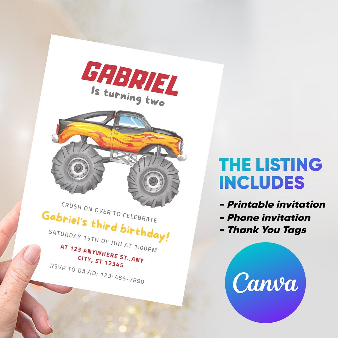 Editable Monster Truck Invitation Template, Gray and Orange Monster ...