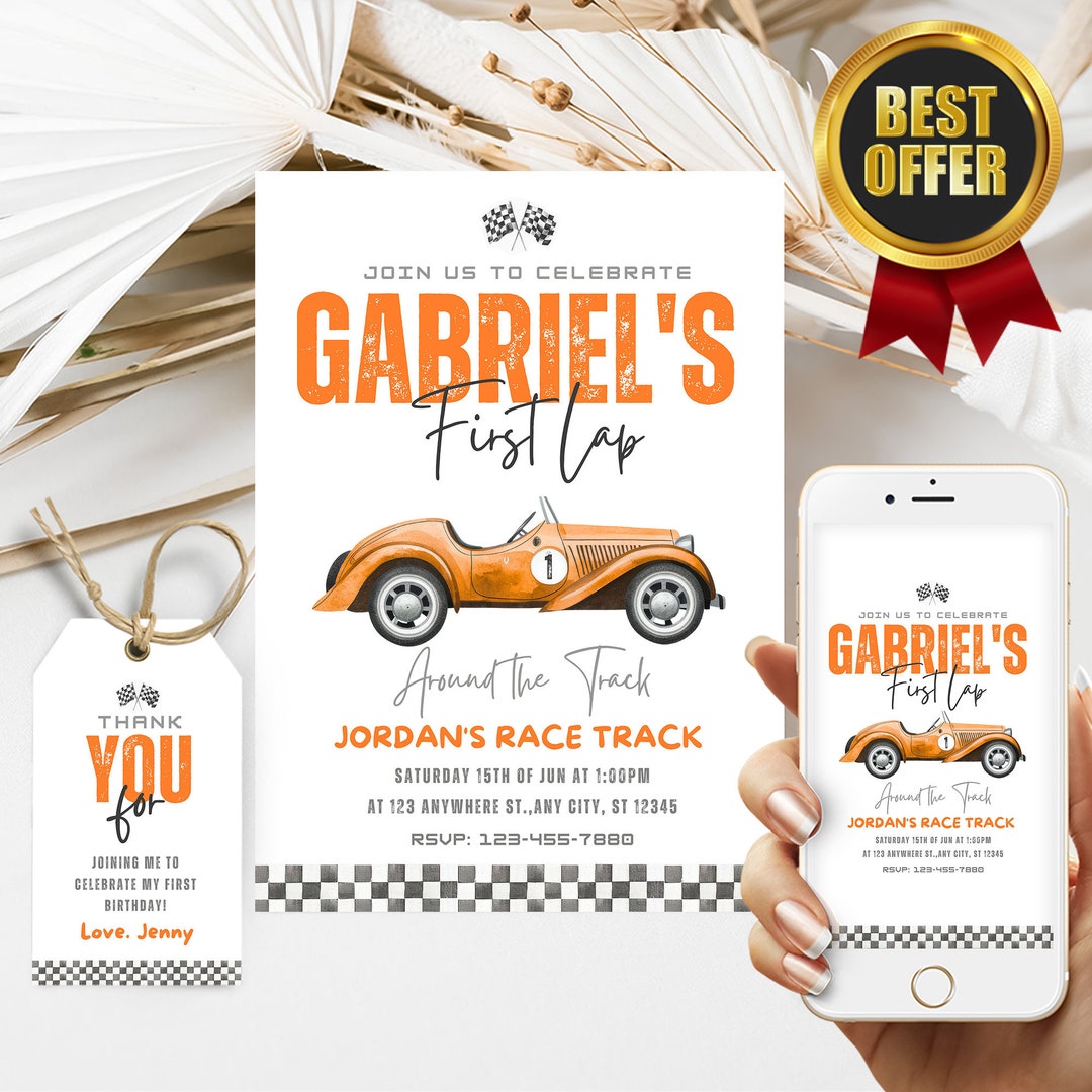 Editable Orange First Lap Birthday Invitations Race Car 1st Birthday ...