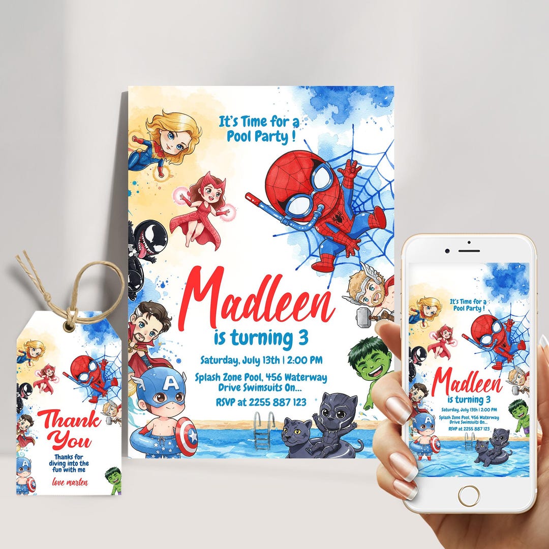The Avengers Pool Party Birthday Invitation | Spider-man & Groot Summer ...