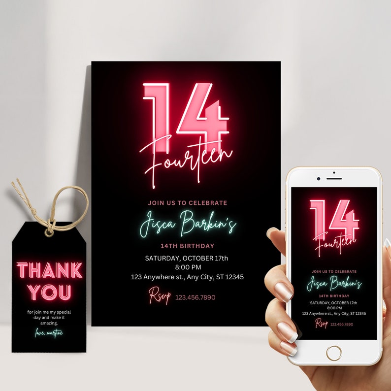 14th Birthday Neon Invitation: Editable Canva Template (digital) - Etsy