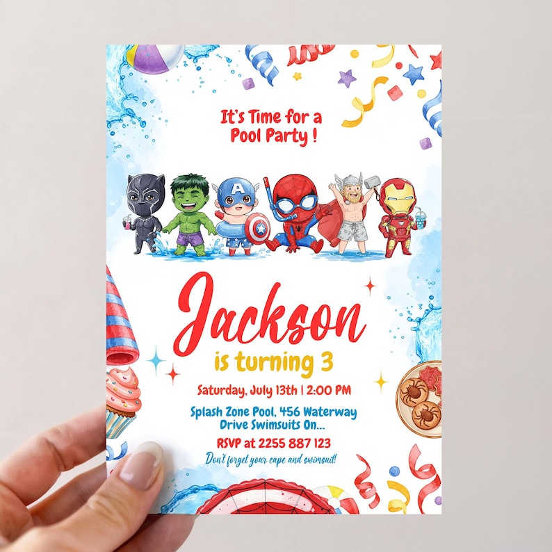 Chibi Avengers Pool Party Invitation: Superhero Birthday (editable ...