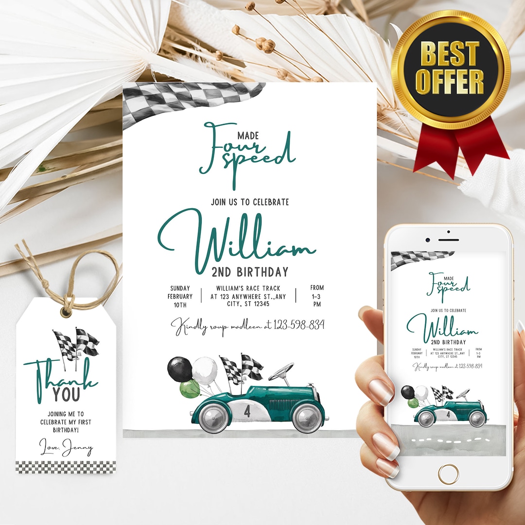 EDITABLE Need FOUR Speed Invitation, Race Car 4th Birthday Invitation ...
