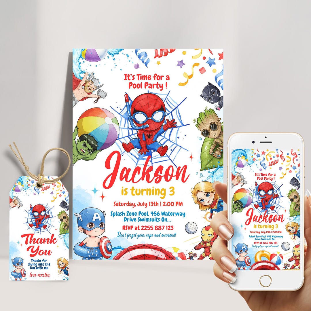 The Avengers Pool Party Birthday Invitation | Spider-man & Groot Summer ...