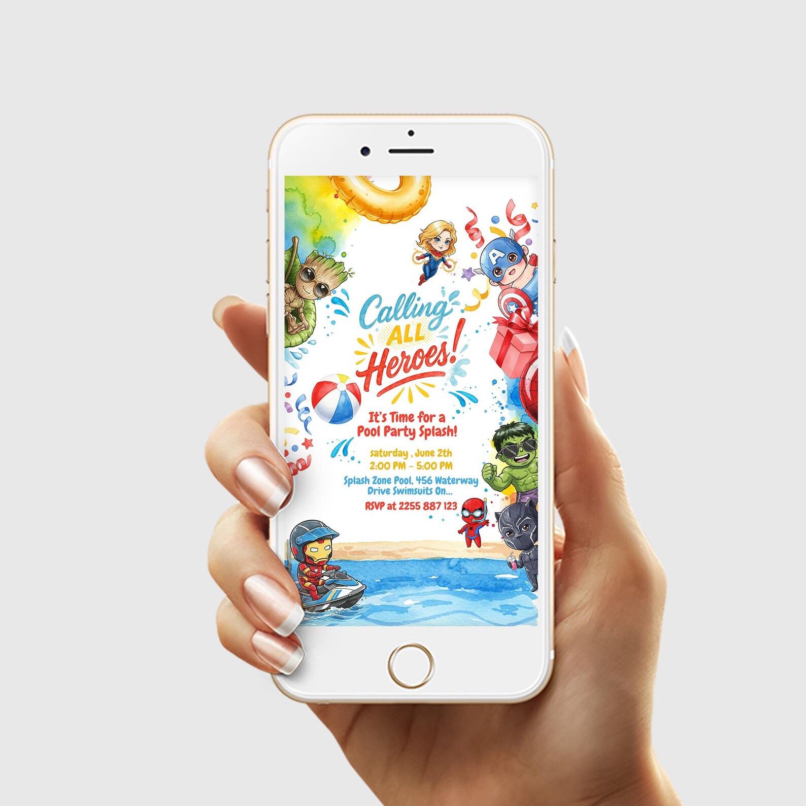 Chibi Avengers Pool Party Invitation: Editable Summer Birthday (digital ...