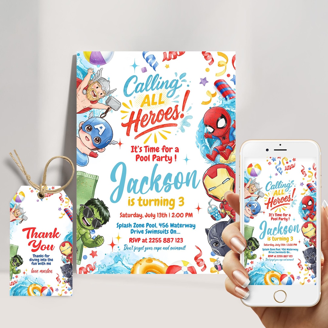 Avengers Pool Party Invitation: Chibi Superhero Birthday (digital ...