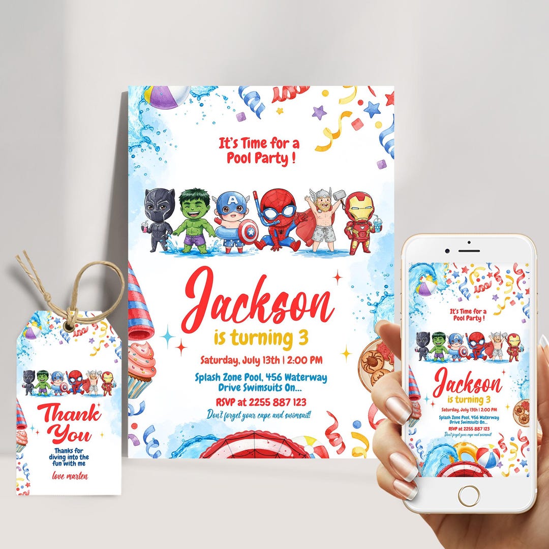 Chibi Avengers Pool Party Invitation | Superhero Summer Splash Birthday ...
