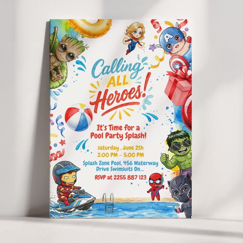Chibi Avengers Pool Party Invitation: Editable Summer Birthday (digital ...