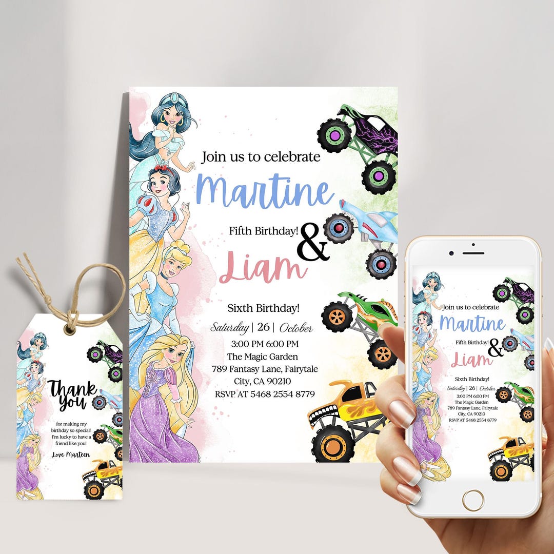 Monster Truck and Princess Joint Birthday Invitation | Boy & Girl ...