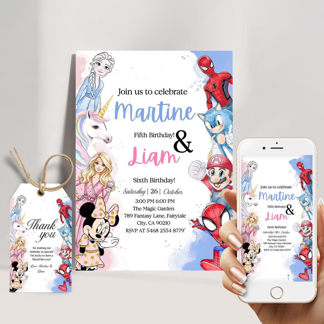 Superhero and Princess Birthday Invitation Bundle: Digital Evite ...