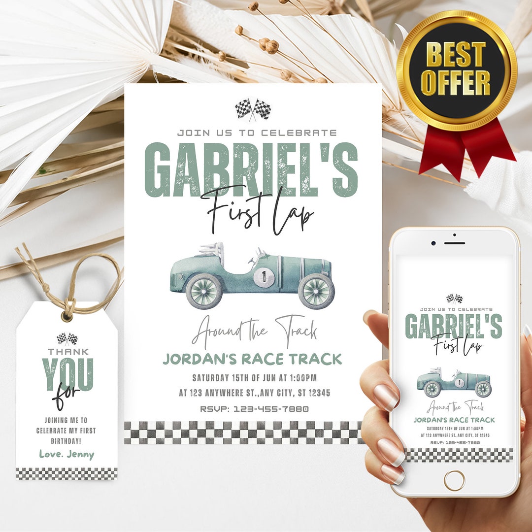 Editable Green First Lap Birthday Invitations Race Car 1st Birthday ...