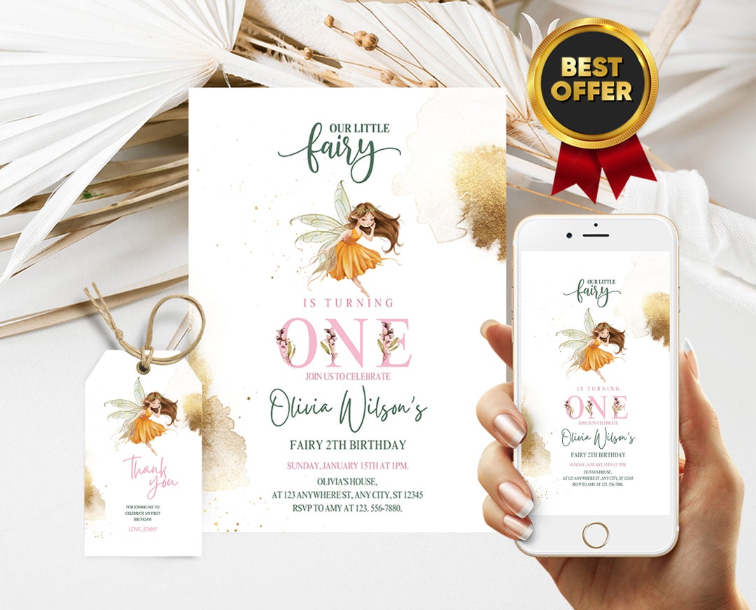 Fairy 1st Birthday Invitation Canva With FREE Fairy Thank You Tags ...