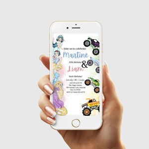 Monster Truck and Princess Joint Birthday Invitation | Boy & Girl ...