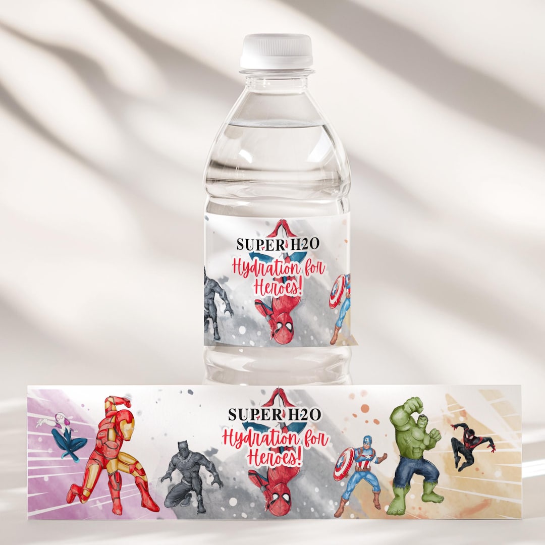 Superhero Birthday Water Bottle Labels - Superhero Party Favor Canva ...