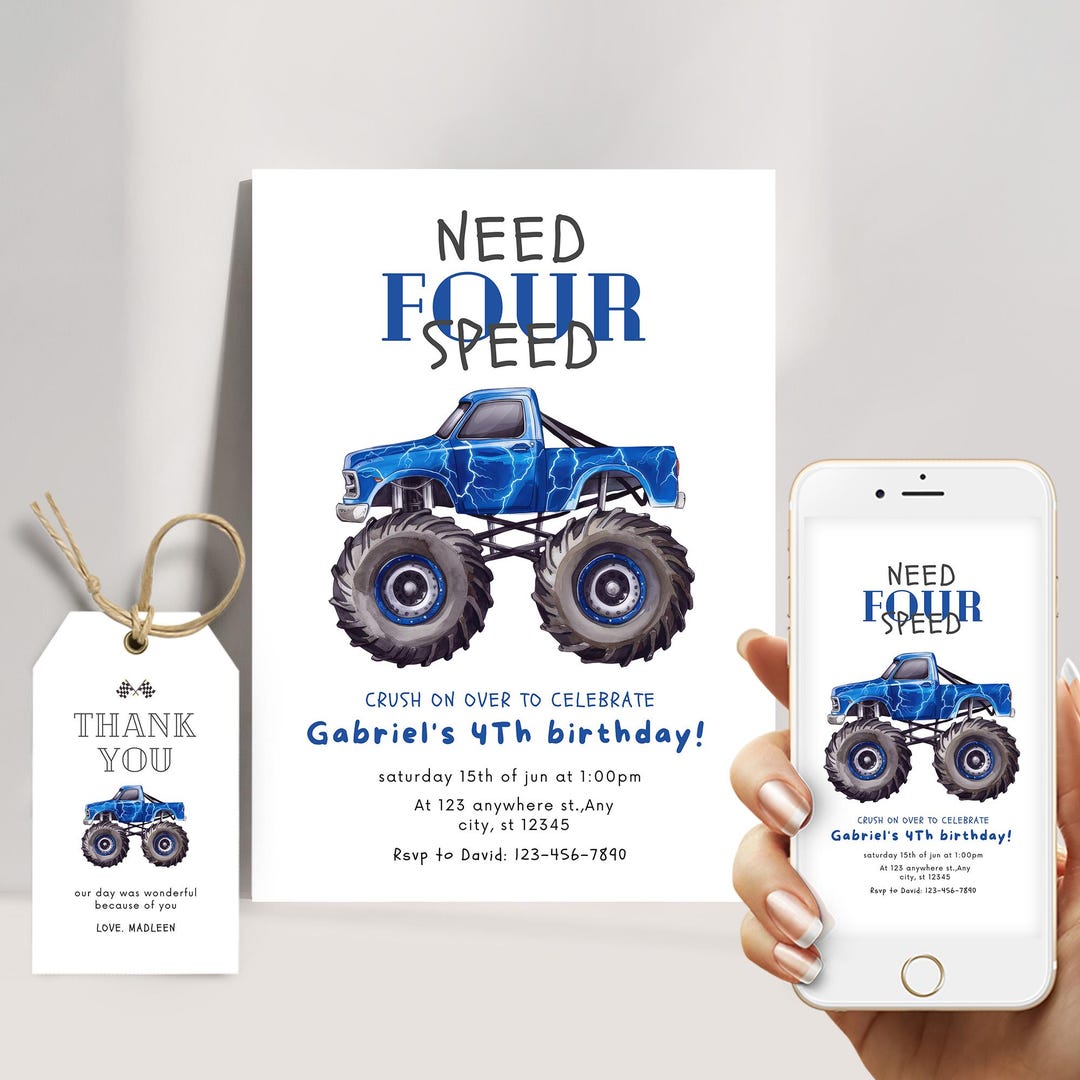 Need Four Speed Invitation, Monster Truck 4th Birthday Invitation ...