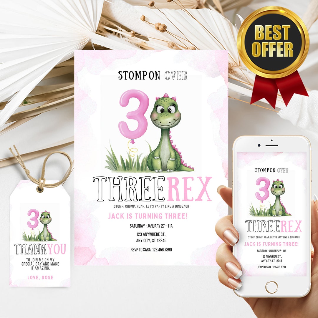 EDITABLE DINOSAUR BIRTHDAY Invitation Girl Three Rex Party Invitations ...