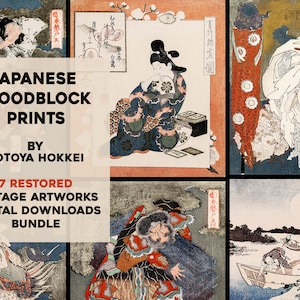 7 Ukiyo-e Japanese Woodblock Prints Printable Wall Art Bundle Samurais ...