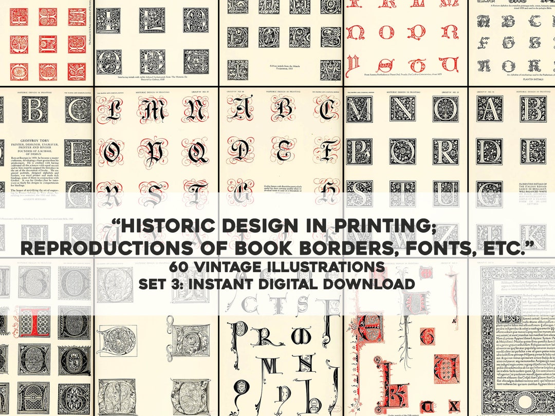 60 Historic Book Printing Designs, Fonts & Borders Illustrations ...