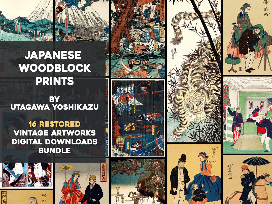 16 Ukiyo-e Japanese Woodblock Prints Printable Wall Art Bundle Samurais & Depictions of ...