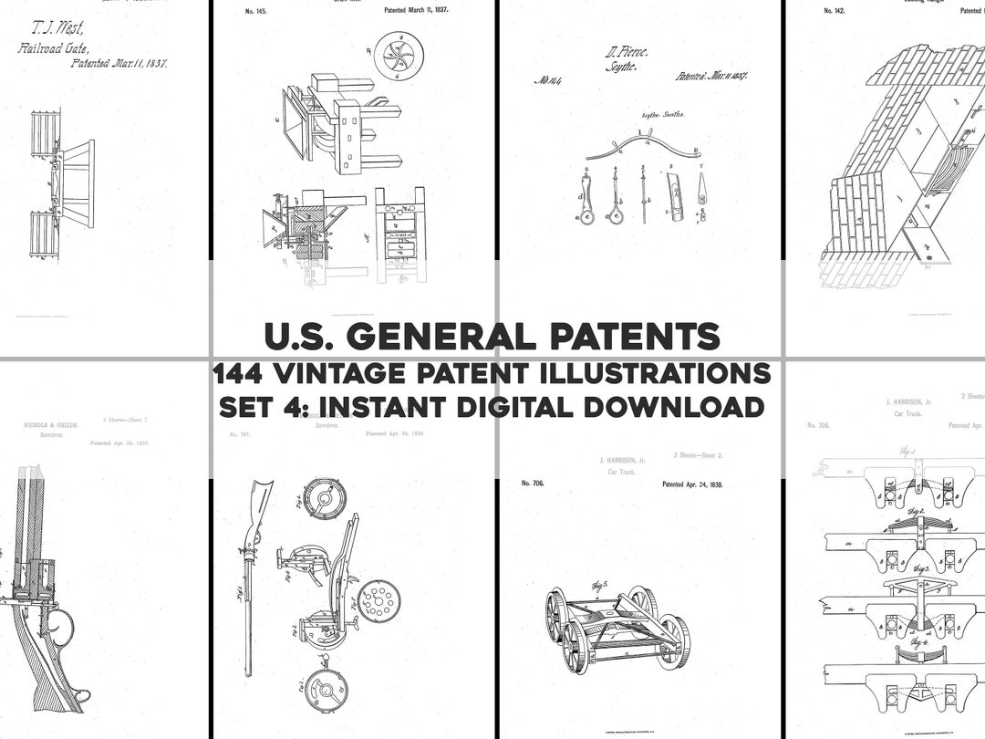 144 Assorted Restored Patents Drawings Set 4 Hq Image Bundle Printable Wall Art Instant