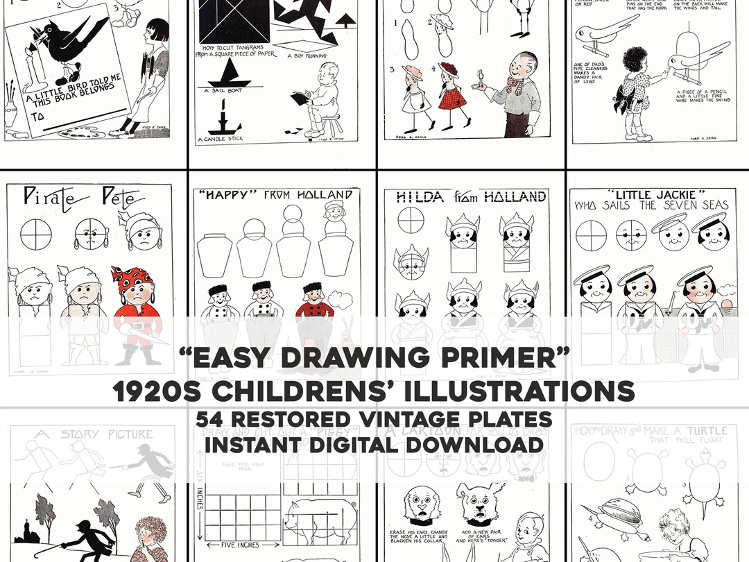 Fun & Cute 1920s Drawing Primer Illustrations | 54 Vintage Image Bundle ...