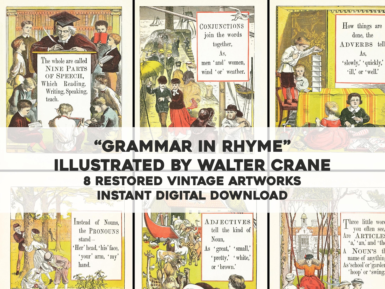 8 Pages Vintage Book Grammar in Rhyme Walter Crane Children's ...