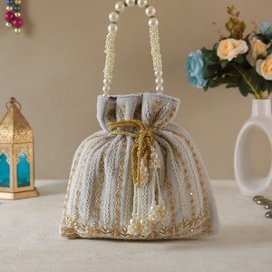 Pistachio Green Ethnic Wear Potli Bag, Handbag With, Drawstring, Sequin Work and Designer ...