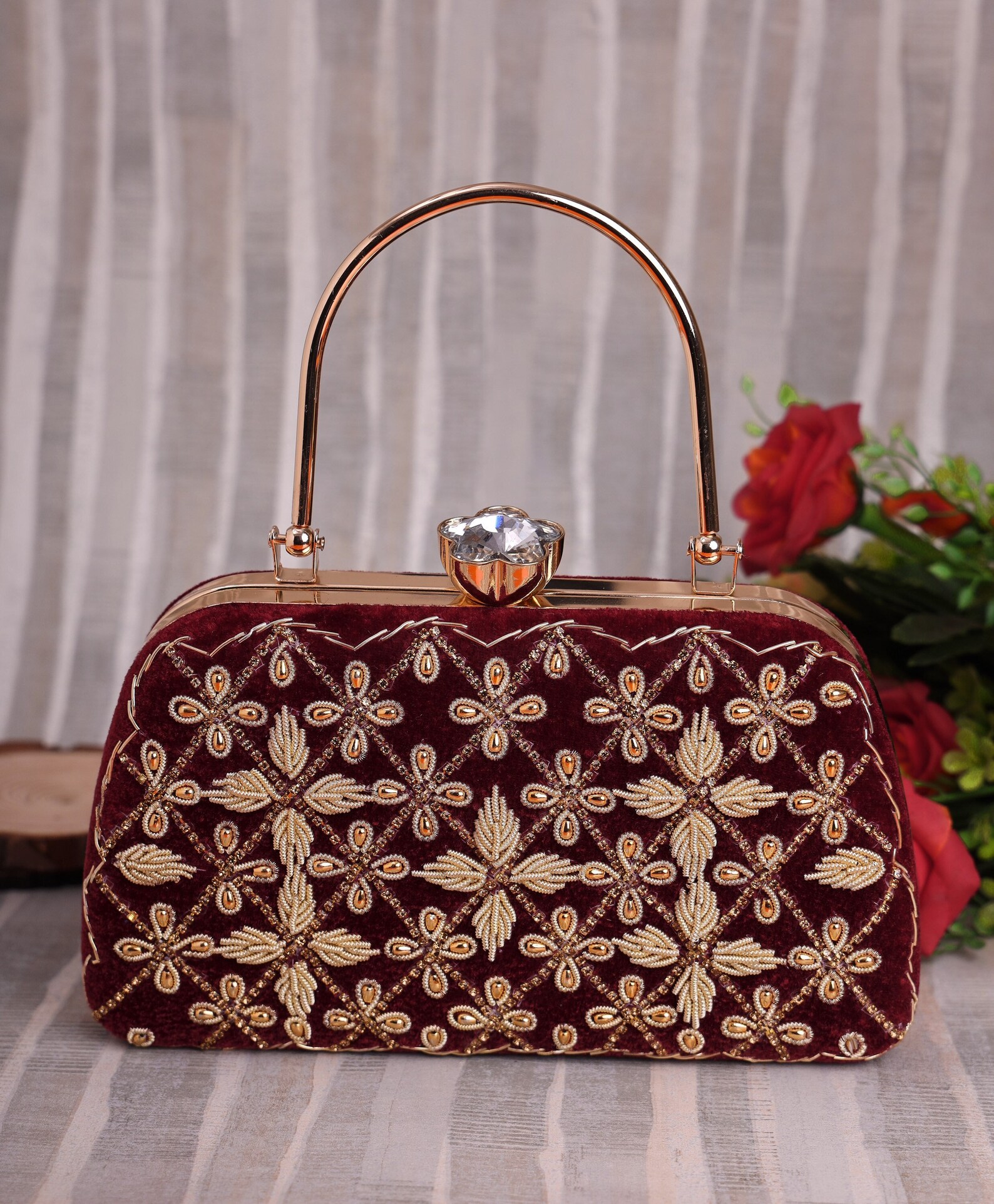 Ruby Red Clutch Purse, Bag With Regal Embroidery, Velvet Fabric, Gold ...