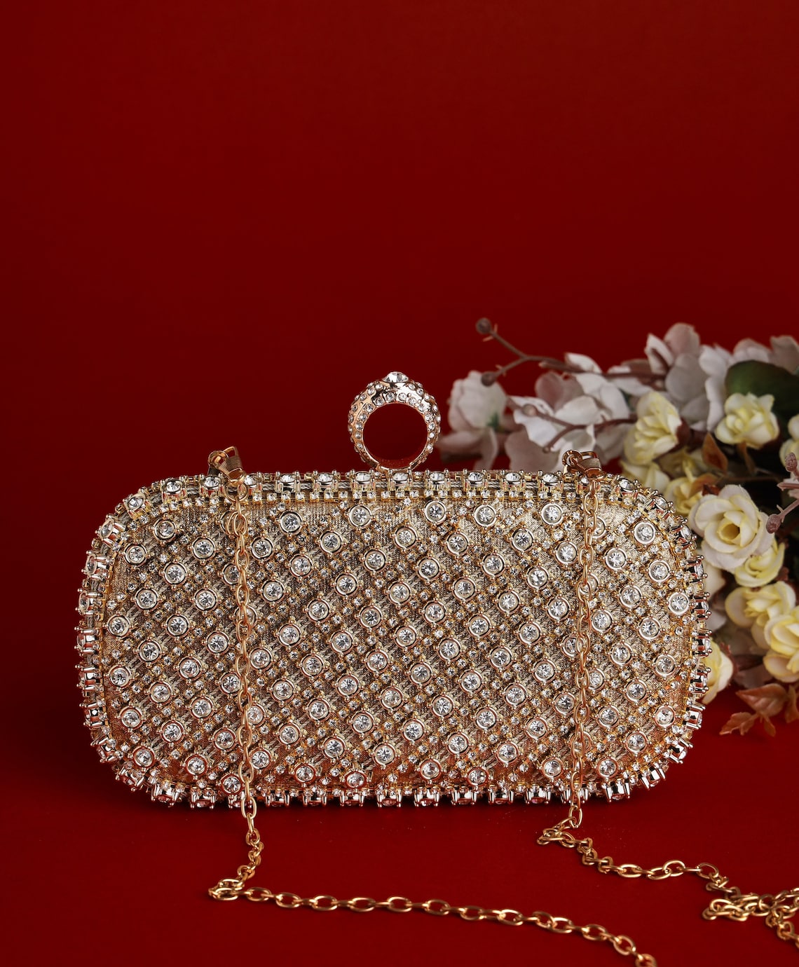 Gold Prom Clutch Purse, Bag With Solitaire Diamond Embroidery, Mirror ...