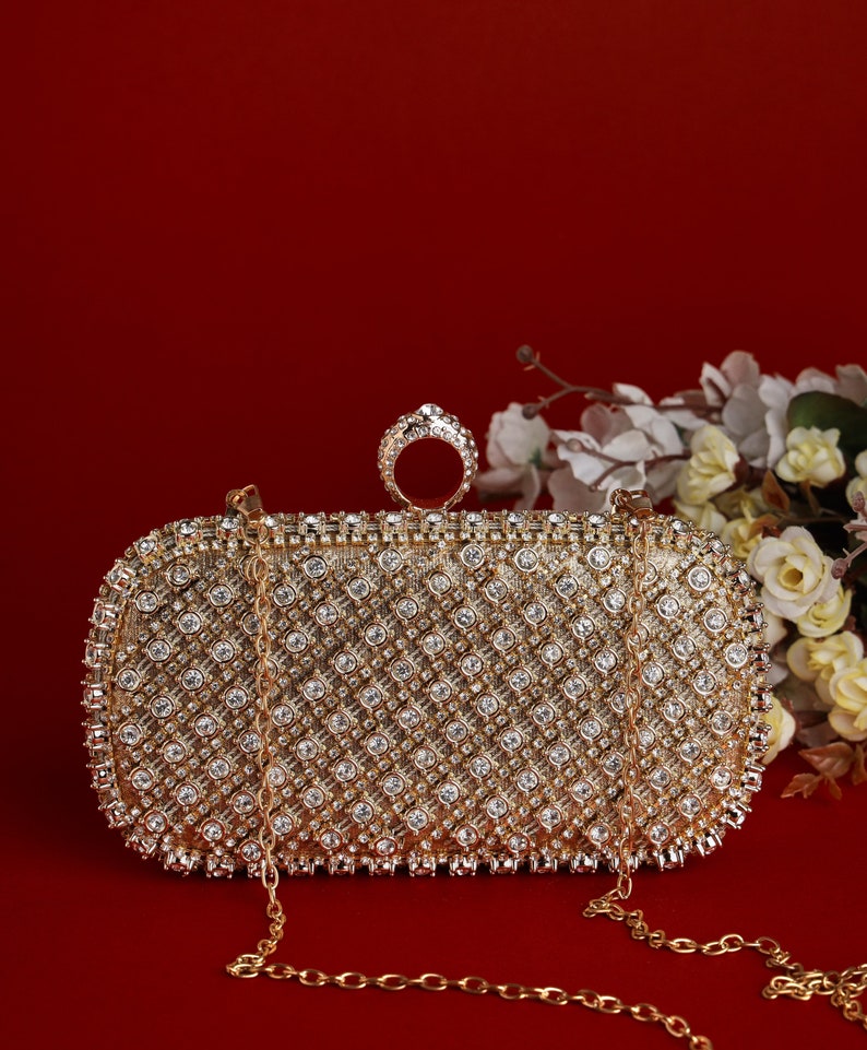 Gold Prom Clutch Purse, Bag With Solitaire Diamond Embroidery, Mirror ...