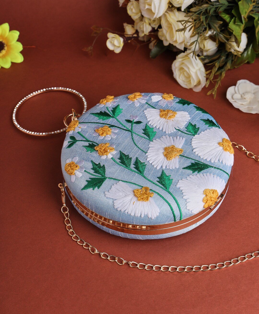 Sky Blue Round Clutch Purse, Bag With Floral Pattern, Silk Fabric ...