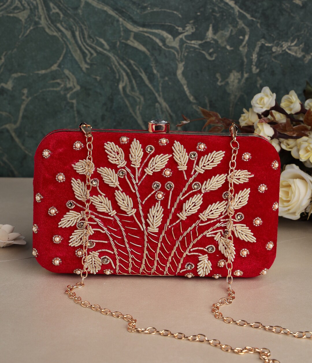 Zardozi Velvet Red Embroidered Clutch Purse, Bag With Designer Pattern ...