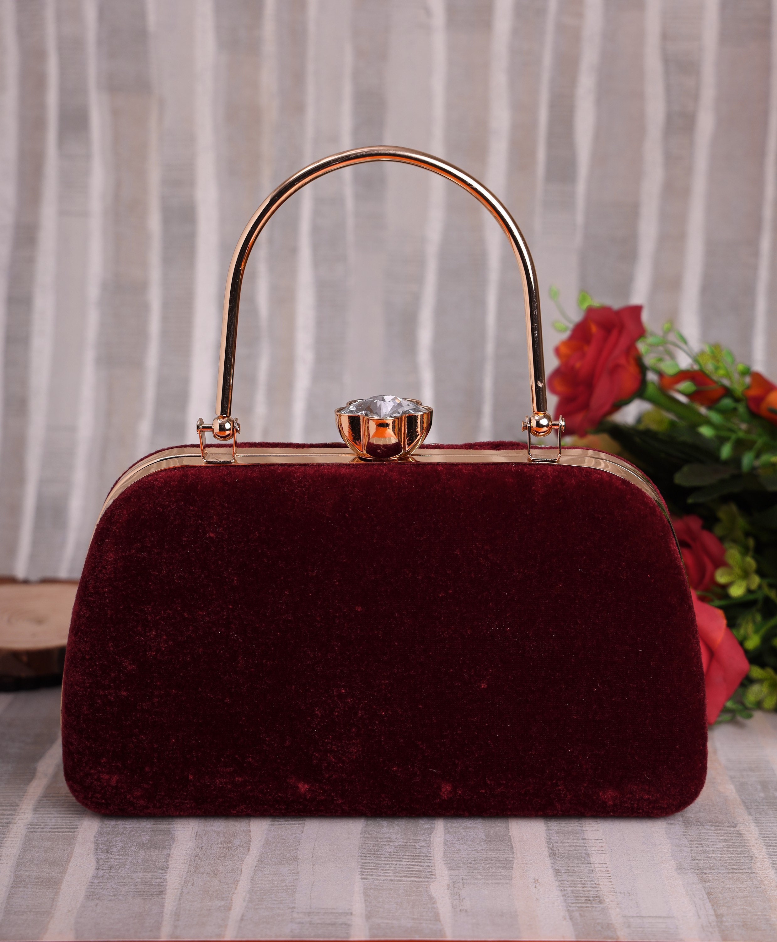 Ruby Red Clutch Purse, Bag With Regal Embroidery, Velvet Fabric, Gold ...