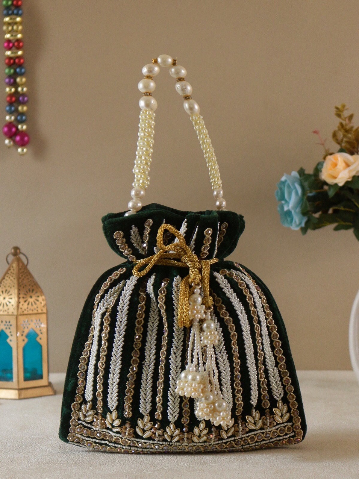 Pistachio Green Ethnic Wear Potli Bag, Handbag With, Drawstring, Sequin Work and Designer ...