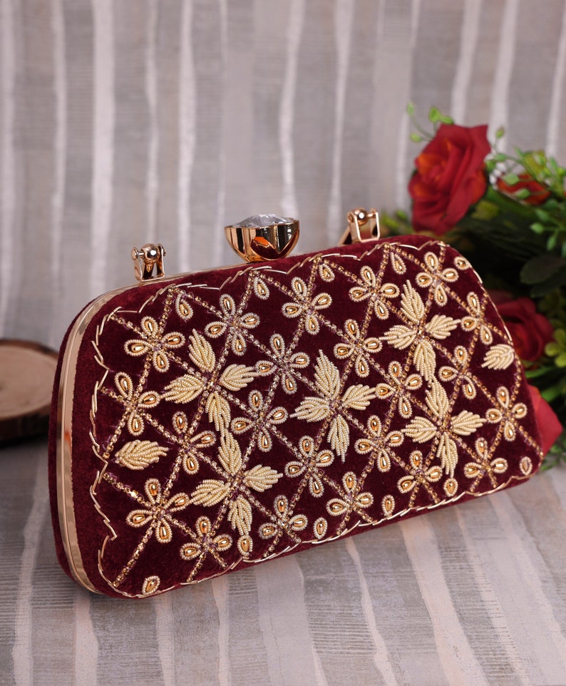 Ruby Red Clutch Purse, Bag With Regal Embroidery, Velvet Fabric, Gold ...