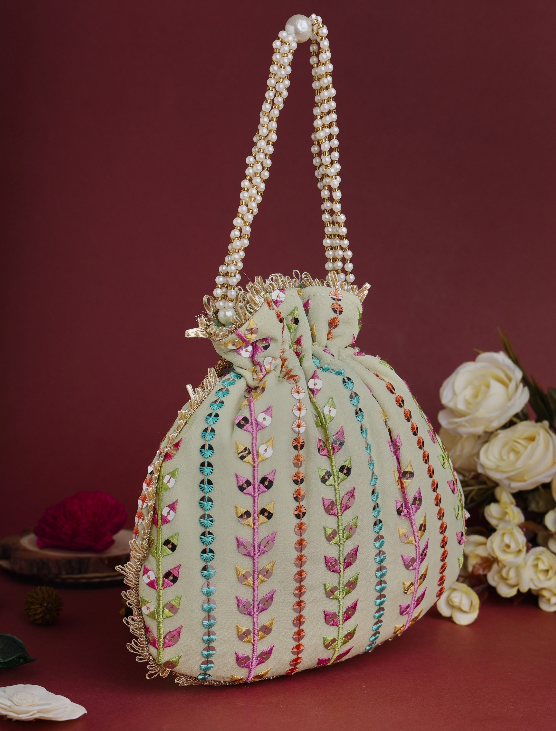 Indian Boho Potli Bag, Handbag With Threadwork, Pearl Handle, Sequin Work and Designer Pattern ...