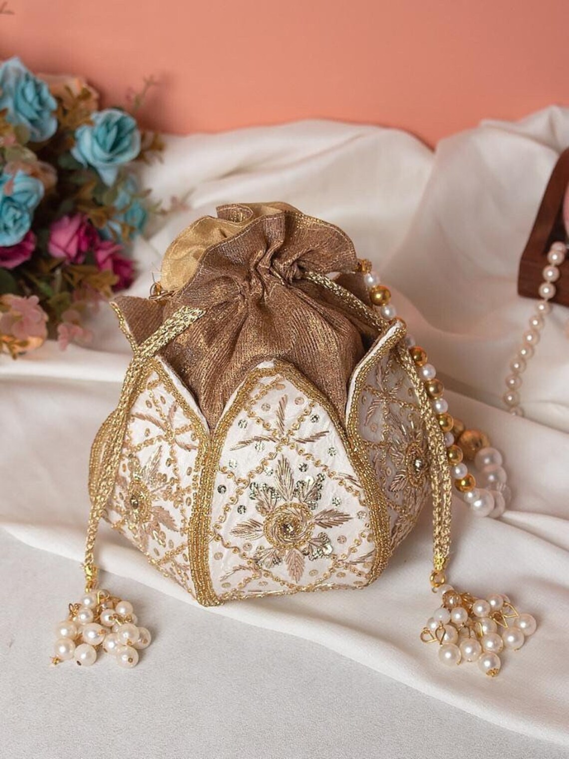 Ivory Gold Pouch Potli Bag, Handbag With Lotus Shape, Beaded Pearls and ...