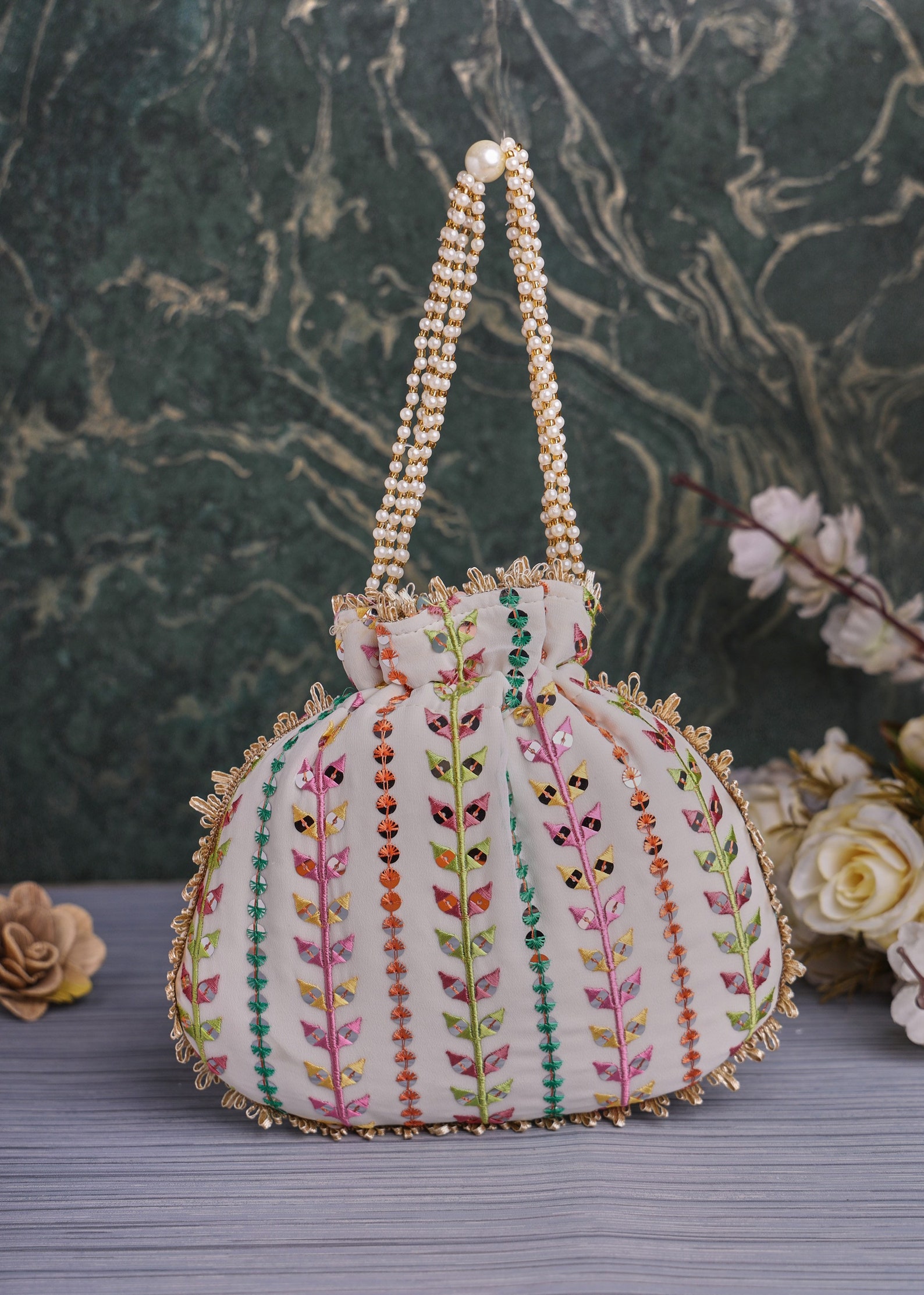 Indian Boho Potli Bag, Handbag With Threadwork, Pearl Handle, Sequin Work and Designer Pattern ...