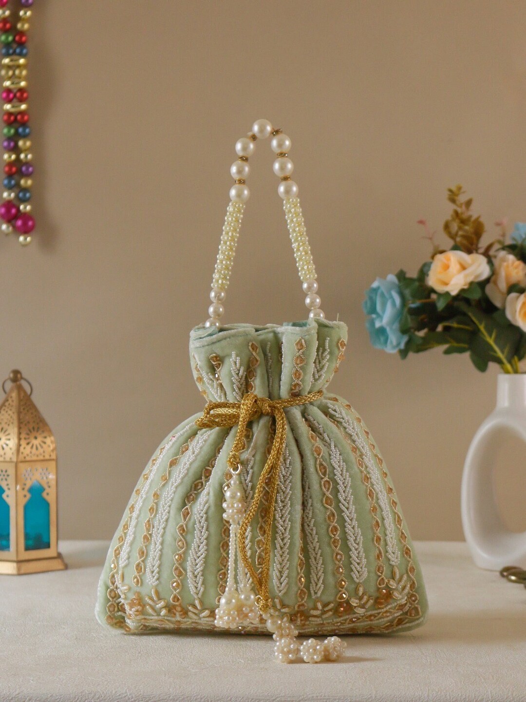 Pistachio Green Ethnic Wear Potli Bag, Handbag With, Drawstring, Sequin Work and Designer ...
