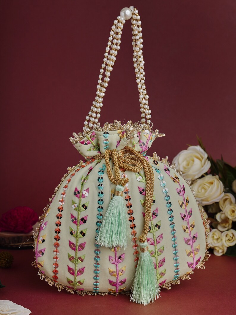 Indian Boho Potli Bag, Handbag With Threadwork, Pearl Handle, Sequin ...