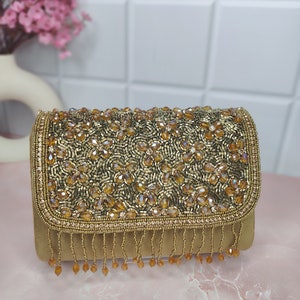 Gold Prom Clutch Purse, Bag With Solitaire Diamond Embroidery, Mirror ...