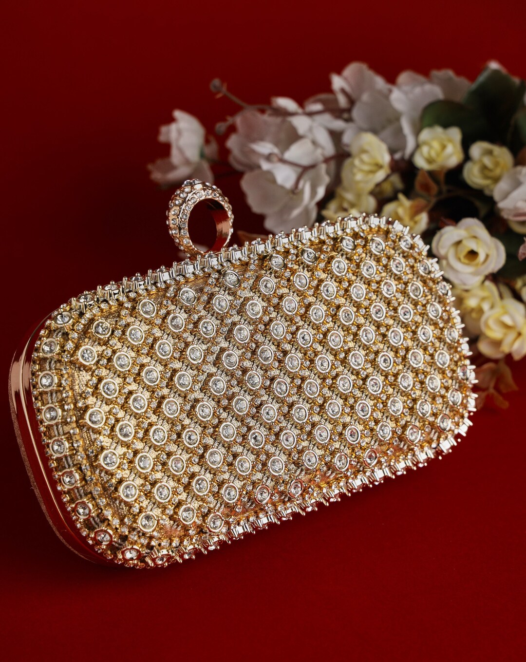 Gold Prom Clutch Purse, Bag With Solitaire Diamond Embroidery, Mirror ...