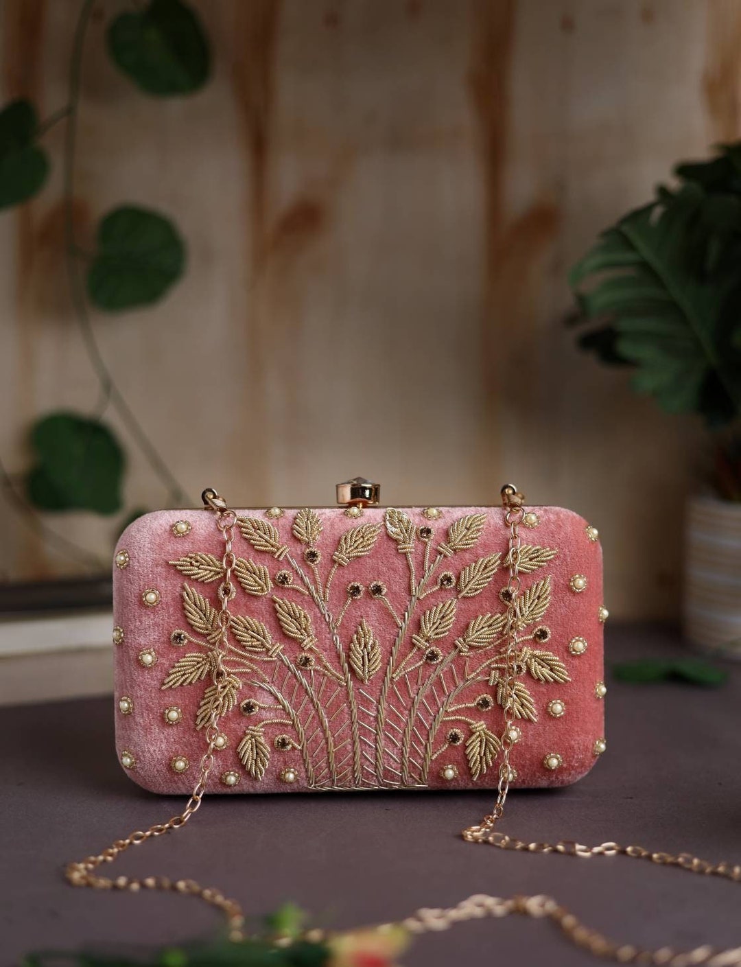 Zardozi Velvet Pink Embroidered Clutch Purse, Bag With Designer Pattern ...