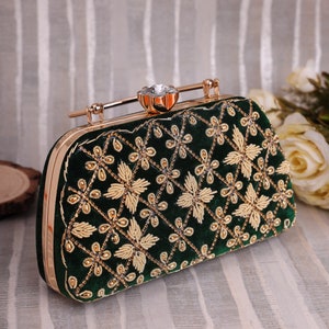 Ruby Red Clutch Purse, Bag With Regal Embroidery, Velvet Fabric, Gold ...